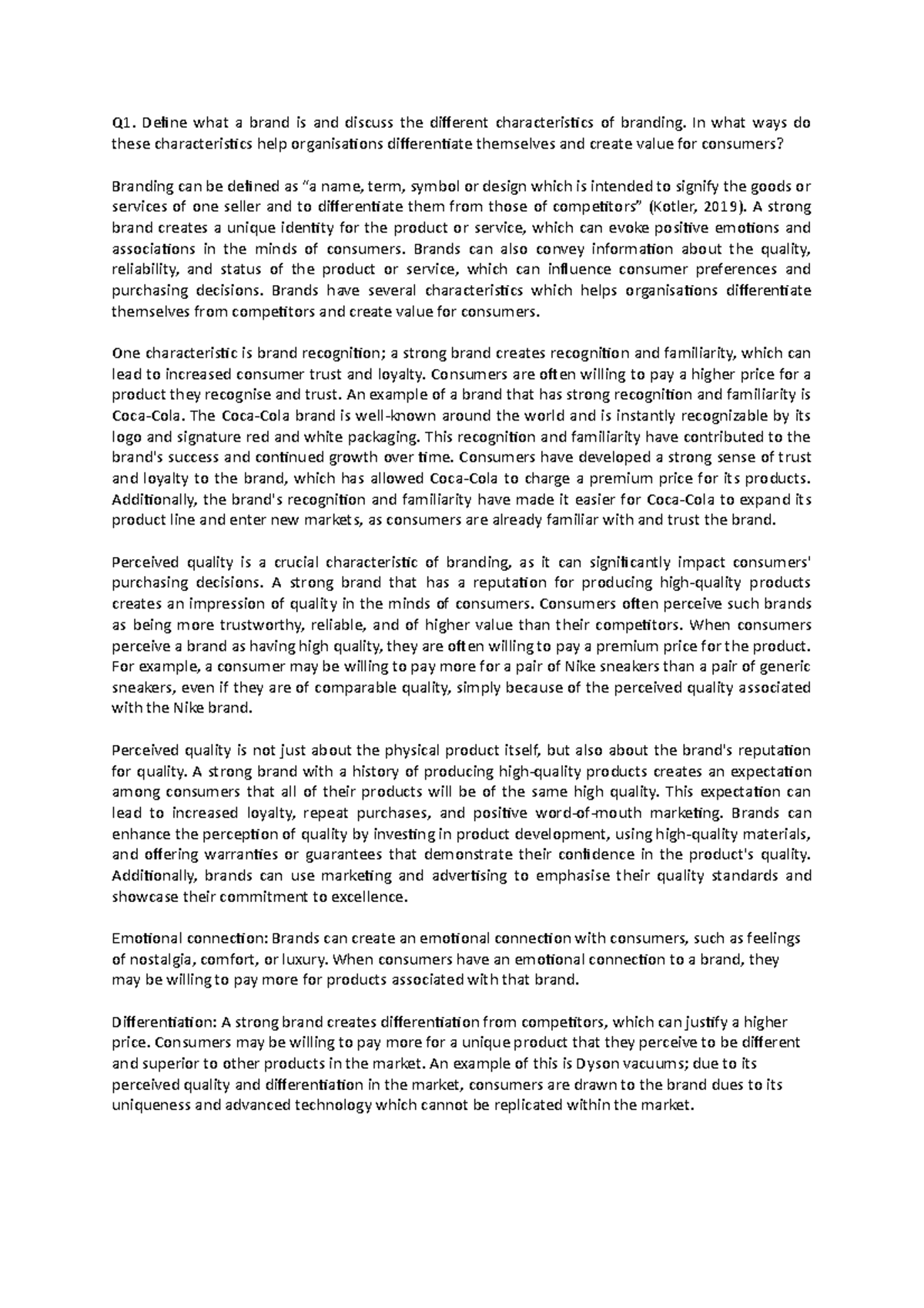 Essay 1 - Q1. Define what a brand is and discuss the different ...