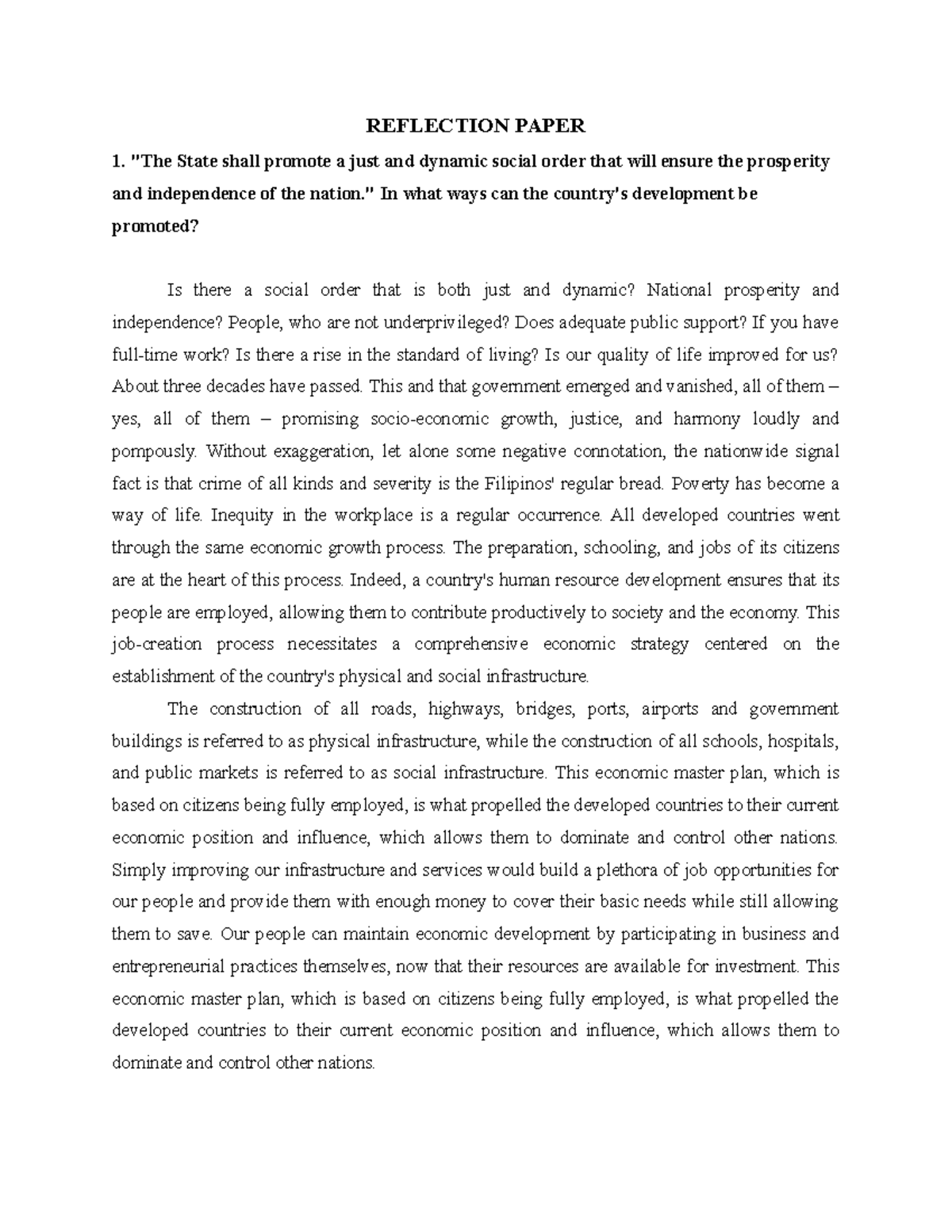 Reflection Paper - Grade: 100% - REFLECTION PAPER 1. "The State shall ...