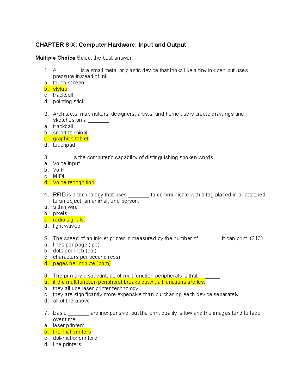 B1869 Tutorial Chapter 6 - CHAPTER SIX: Computer Hardware: Input and Output Multiple Choice ...