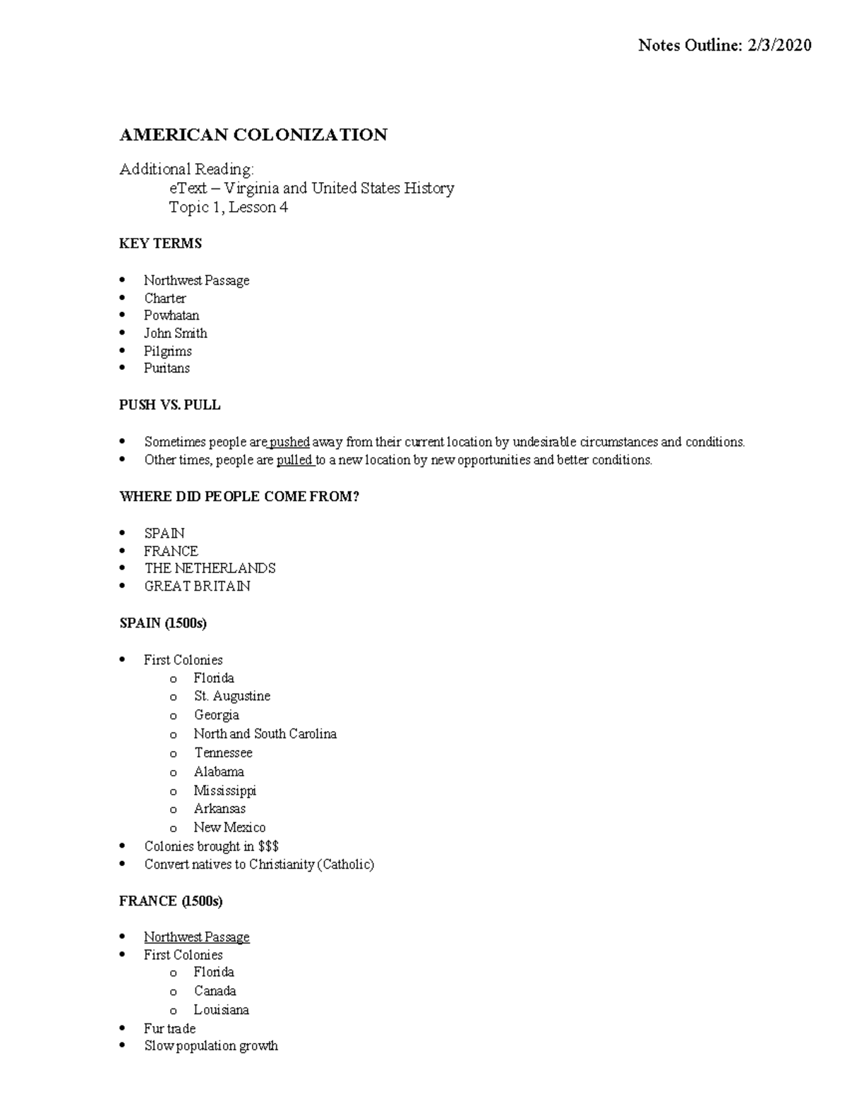 American+Colonization+-+Notes+Outline - Notes Outline: 2/3/ AMERICAN ...
