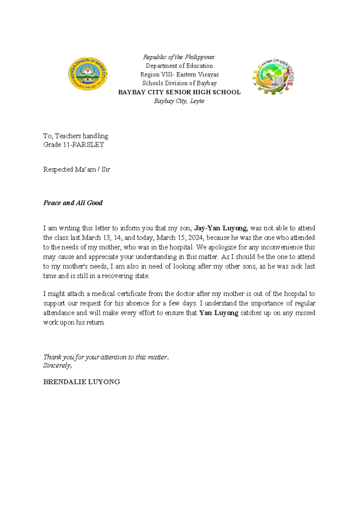 Parsley Excuse Letter - Republic of the Philippines Department of ...