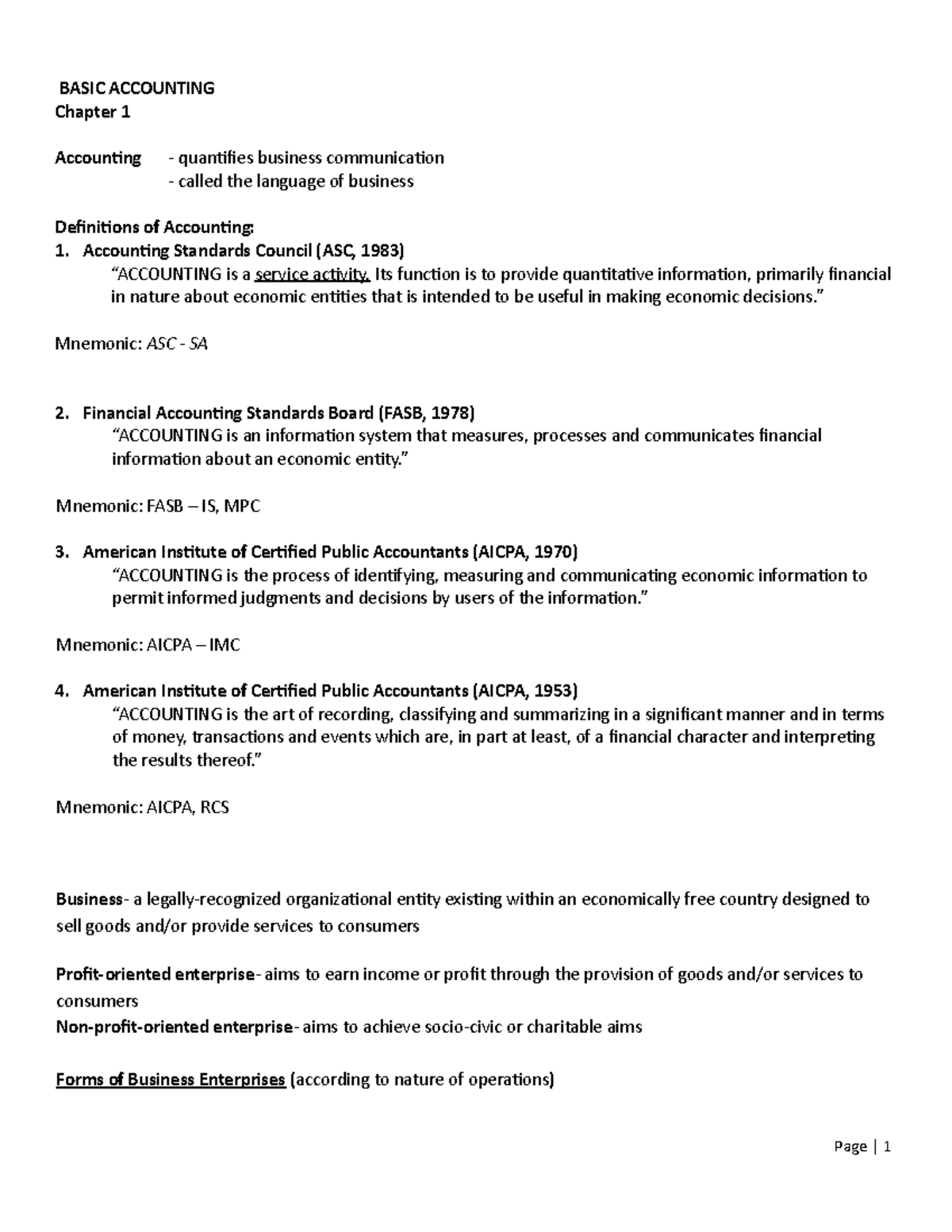 Basic Accounting - BASIC ACCOUNTING Chapter 1 Accounting - quantifies ...