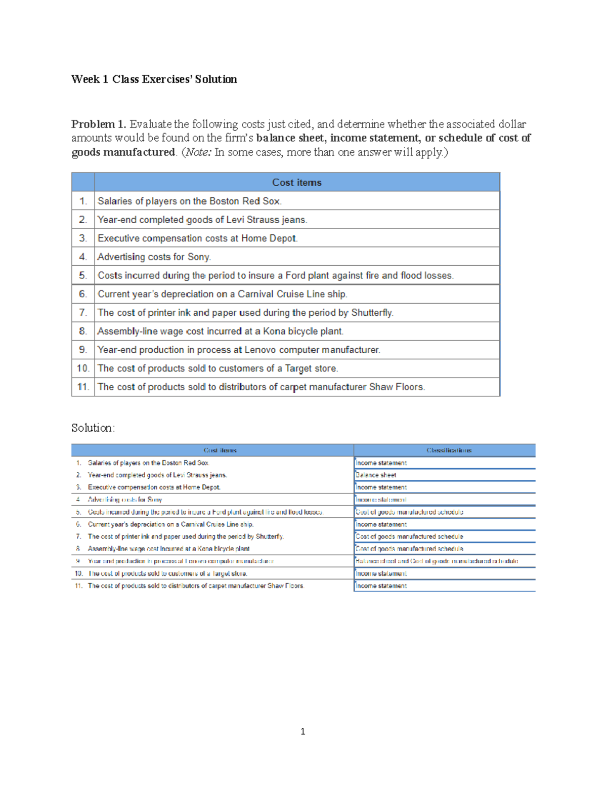 Week 1 Class Exercises Solution - Week 1 Class Exercises’ Solution Problem 1. Evaluate the ...