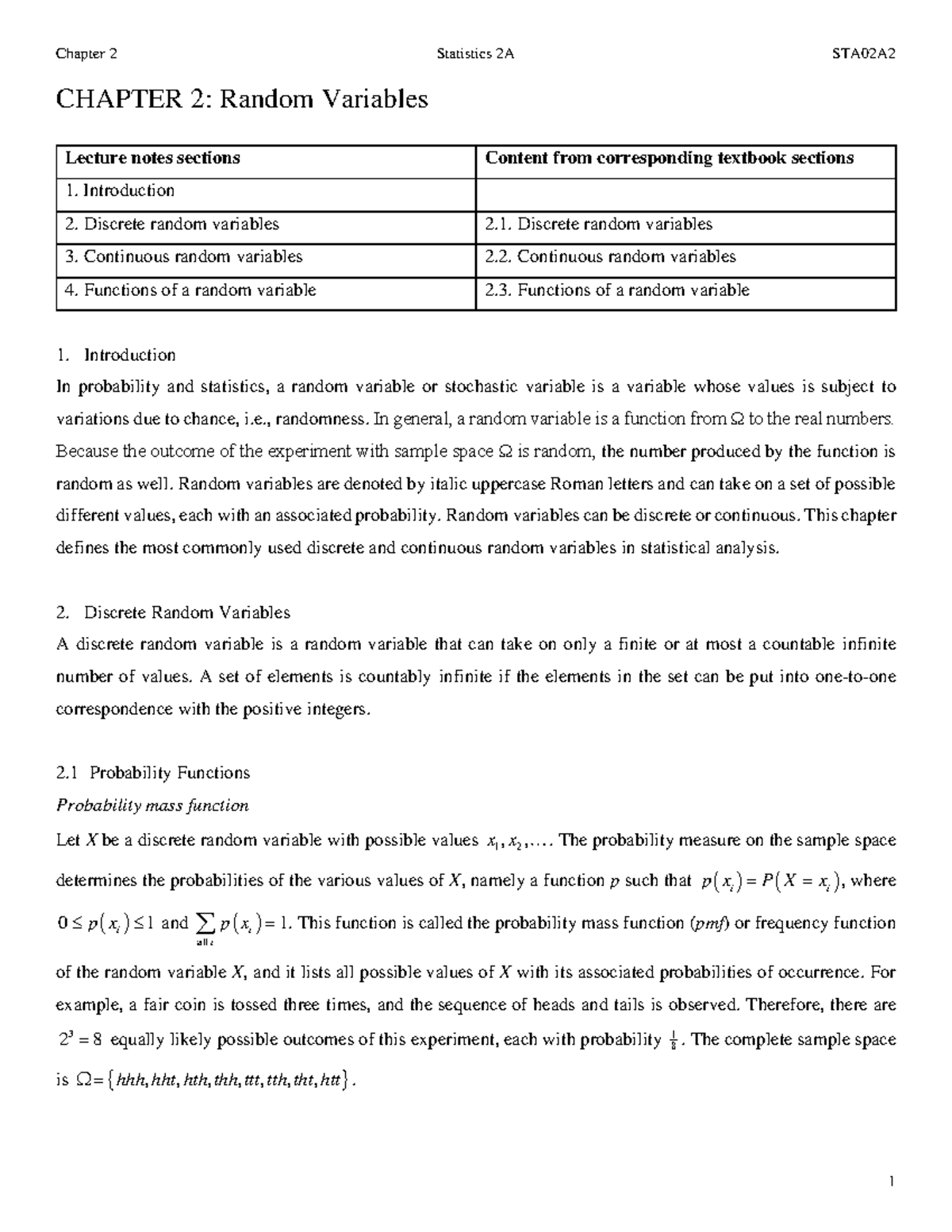 Sta02a2 Chapter 2 Lecture Notes Chapter 2 Random Variables Lecture
