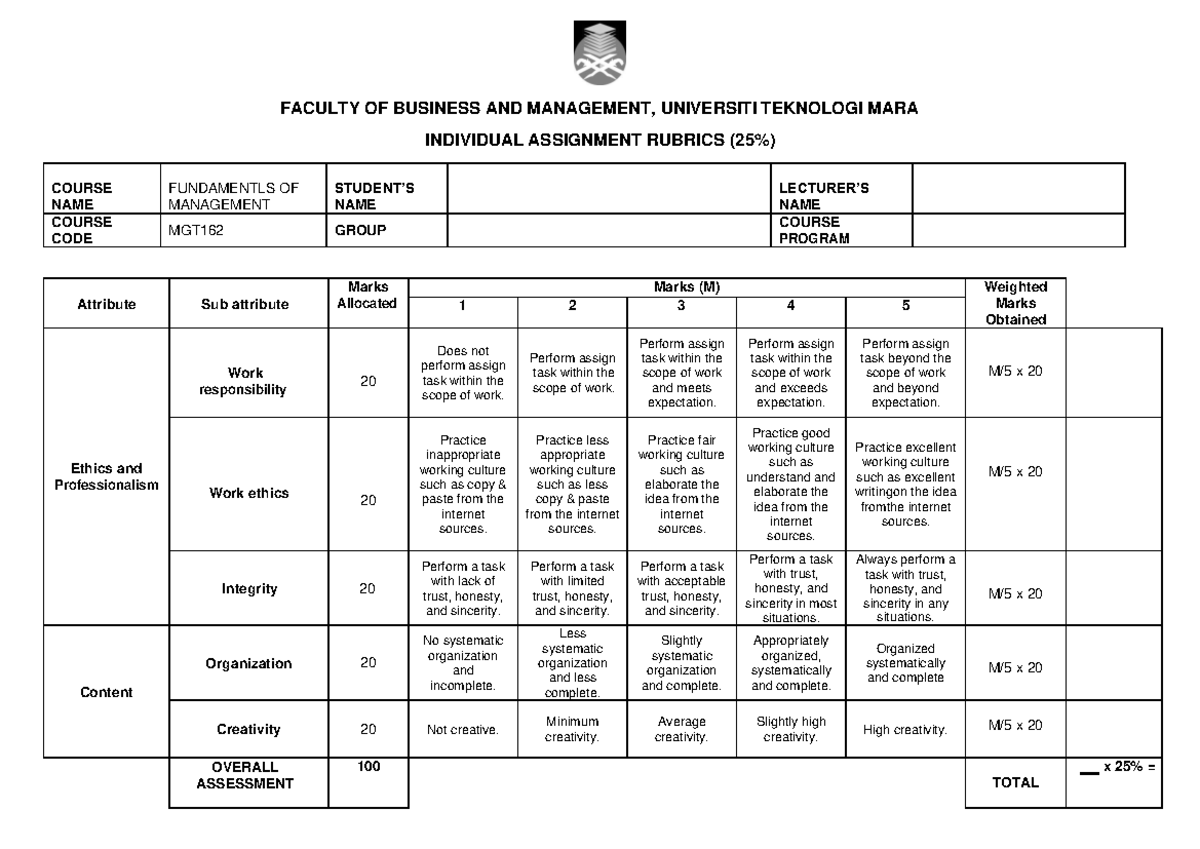 MGT162 Rubric Individual Assignment March 2024 - FACULTY OF BUSINESS ...