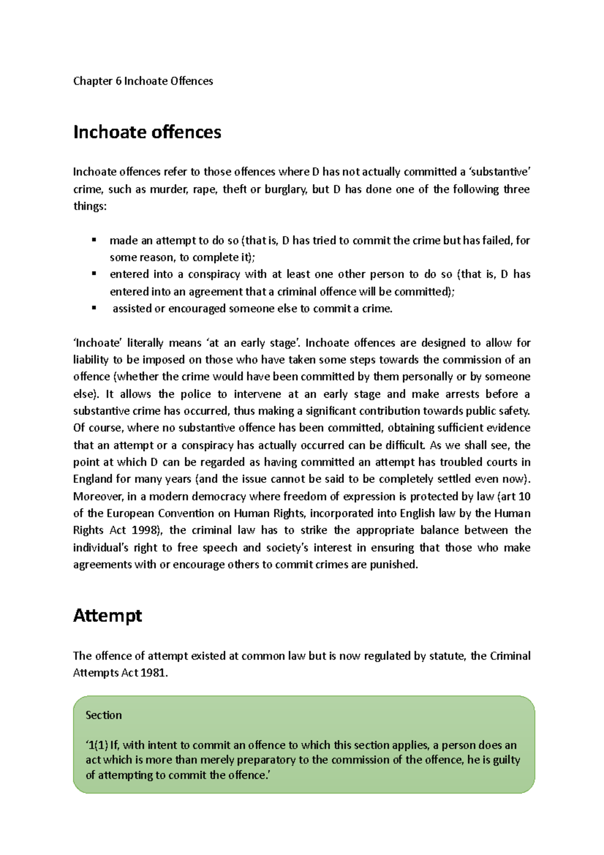 Chapter 6 Inchoate Offences - Chapter 6 Inchoate Offences Inchoate ...