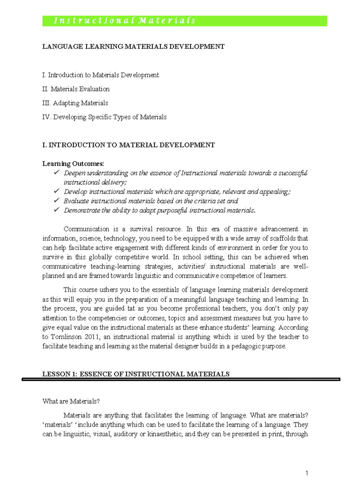 Toaz - nnnnn - LANGUAGE LEARNING MATERIALS DEVELOPMENT I. Introduction to Materials Development ...