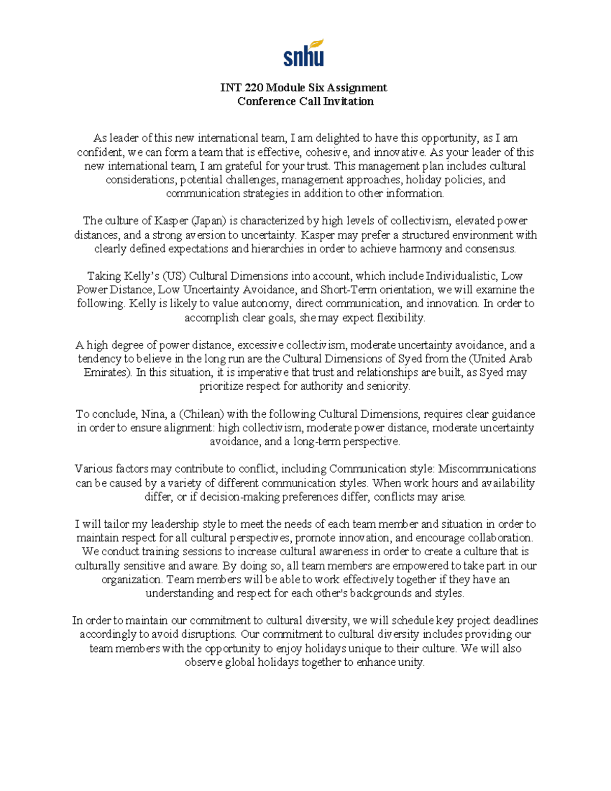 INT 220 Conference Call Invitation - INT 220 Module Six Assignment ...