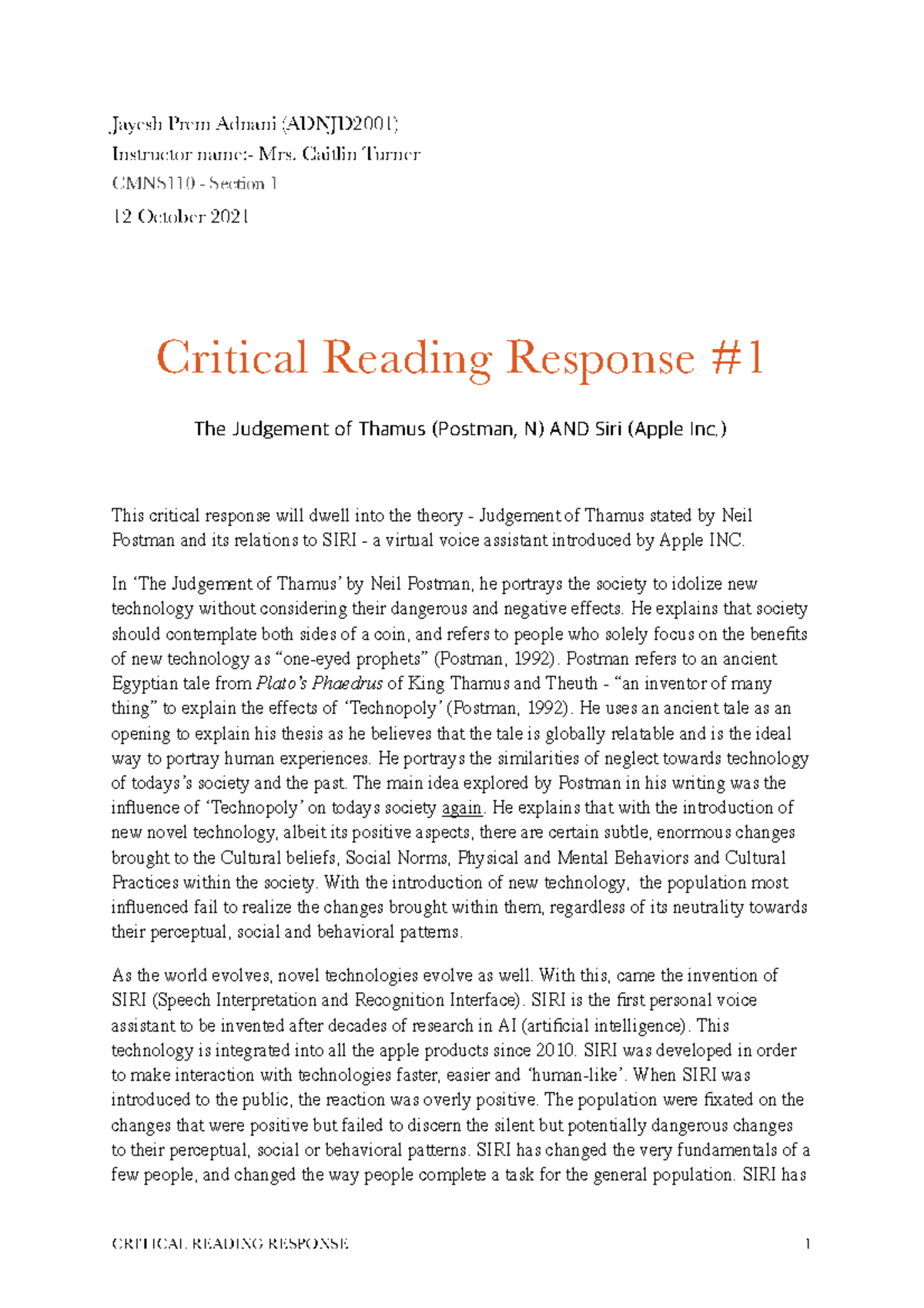 Critical reading response #1 - Jayesh Prem Adnani (ADNJD2001 ...