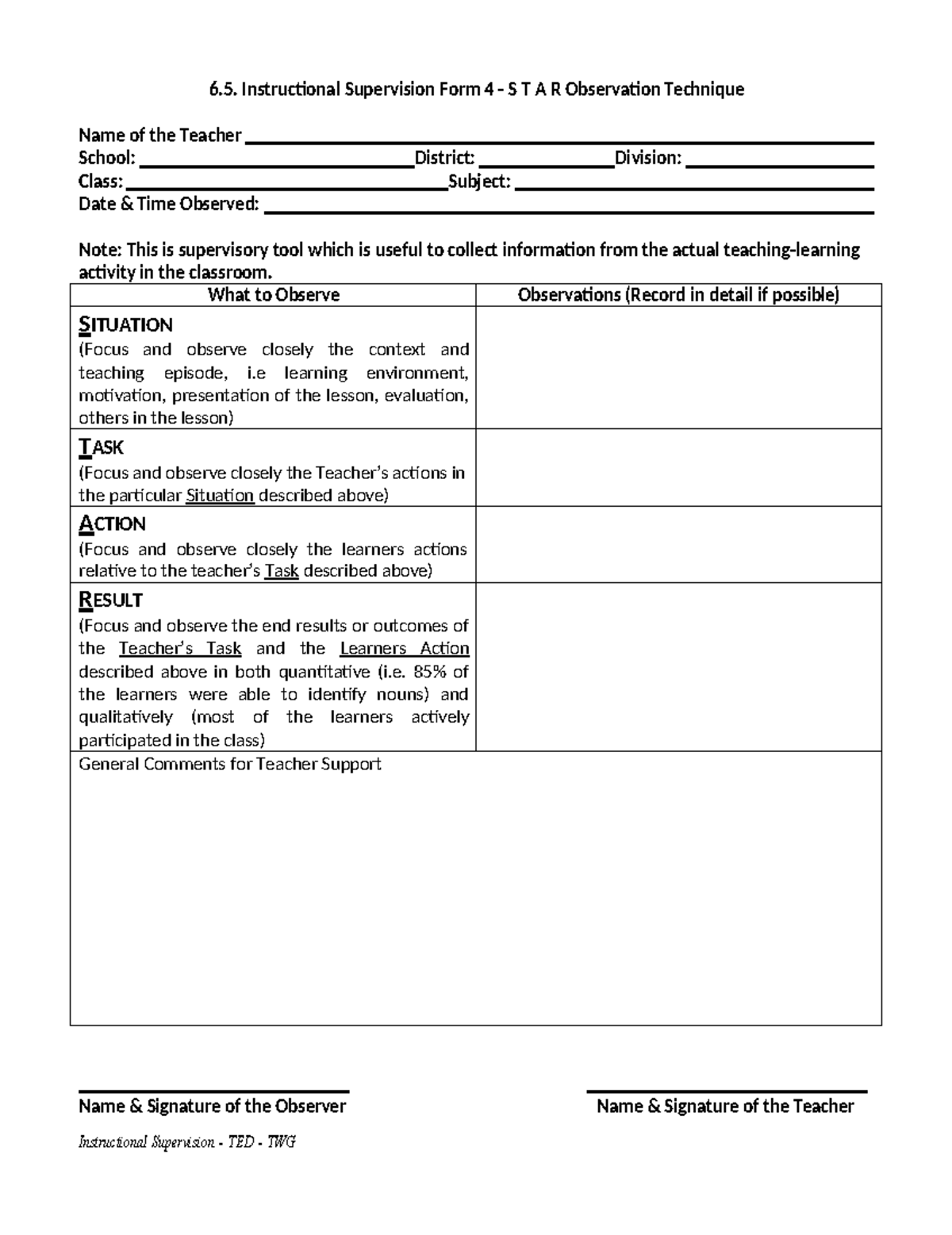 STAR- Observation - 6. Instructional Supervision Form 4 - S T A R ...