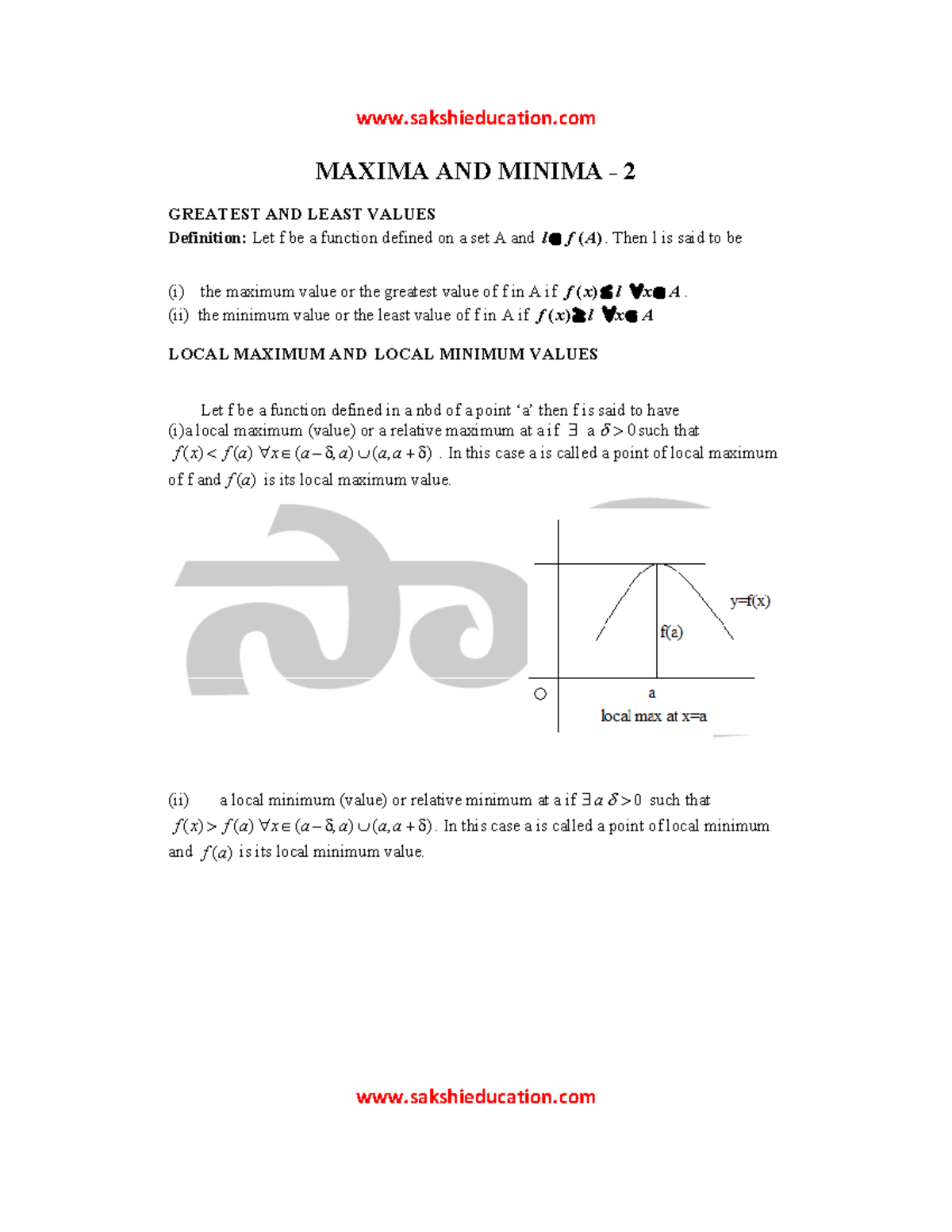 Blank - MAXIMA AND MINIMA - 2 GREATEST AND LEAST VALUES Definition: Let ...
