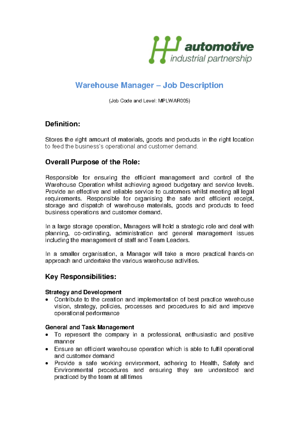 Warehouse Manager Generic JD - Warehouse Manager – Job Description (Job ...