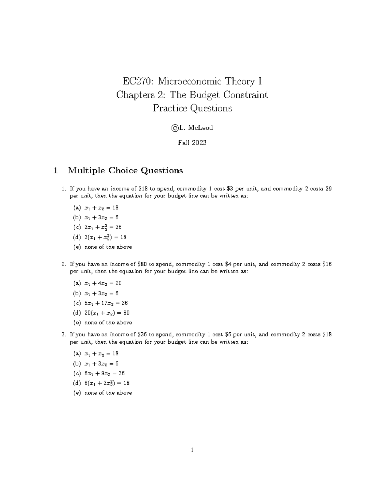 CH2 Practice Questions - EC270: Microeconomic Theory I Chapters 2: The Budget Constraint ...