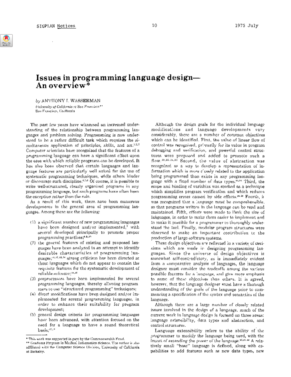 Issues in programming language design - WASSERMA N University of California at San Francisco ...