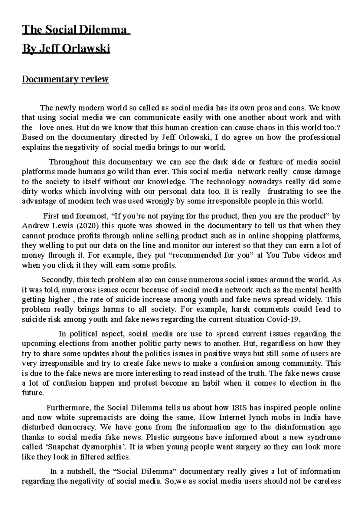 The Social Dilemma Summary review - The Social Dilemma By Jeff Orlawski ...