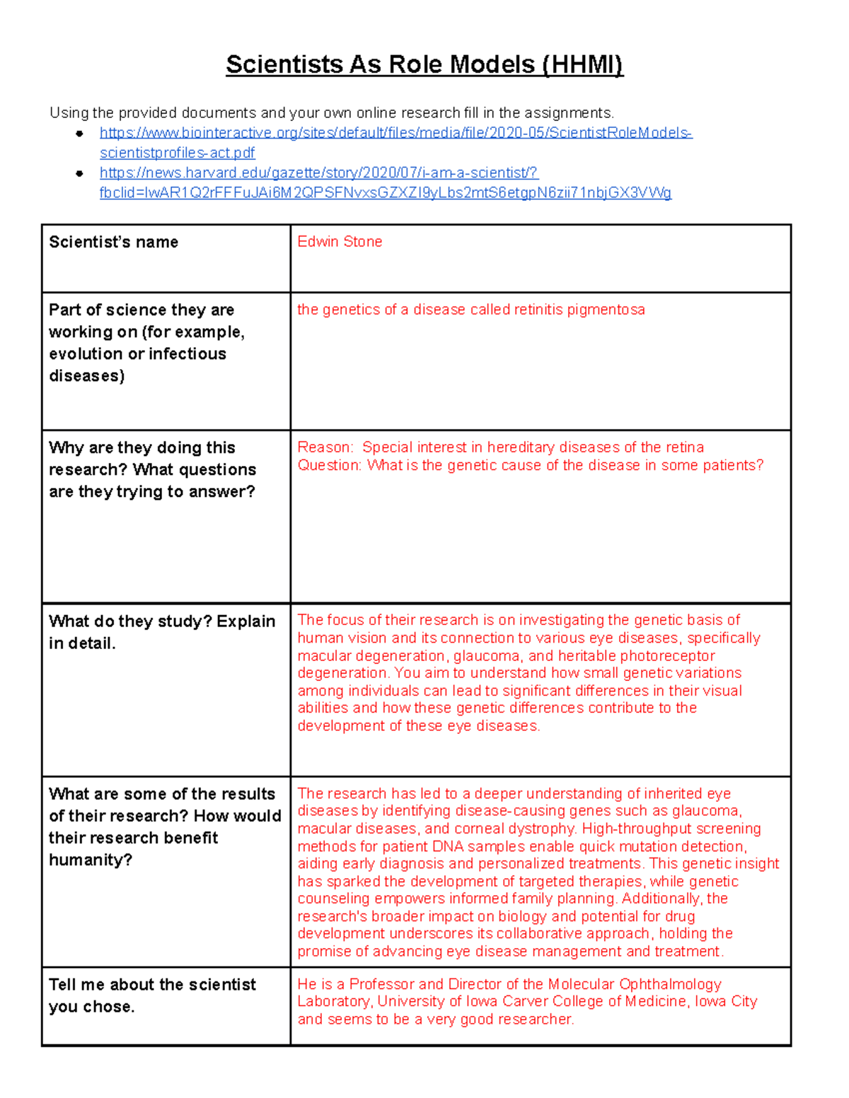Scientists As Role Models (HHMI) - Student Assgnment - Scientists As ...