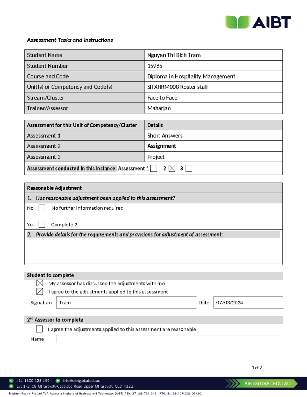 Sitxhrm 008 Assessment 2 -Assignment - Assessment Tasks and Instructions Student Name Nguyen Thi ...