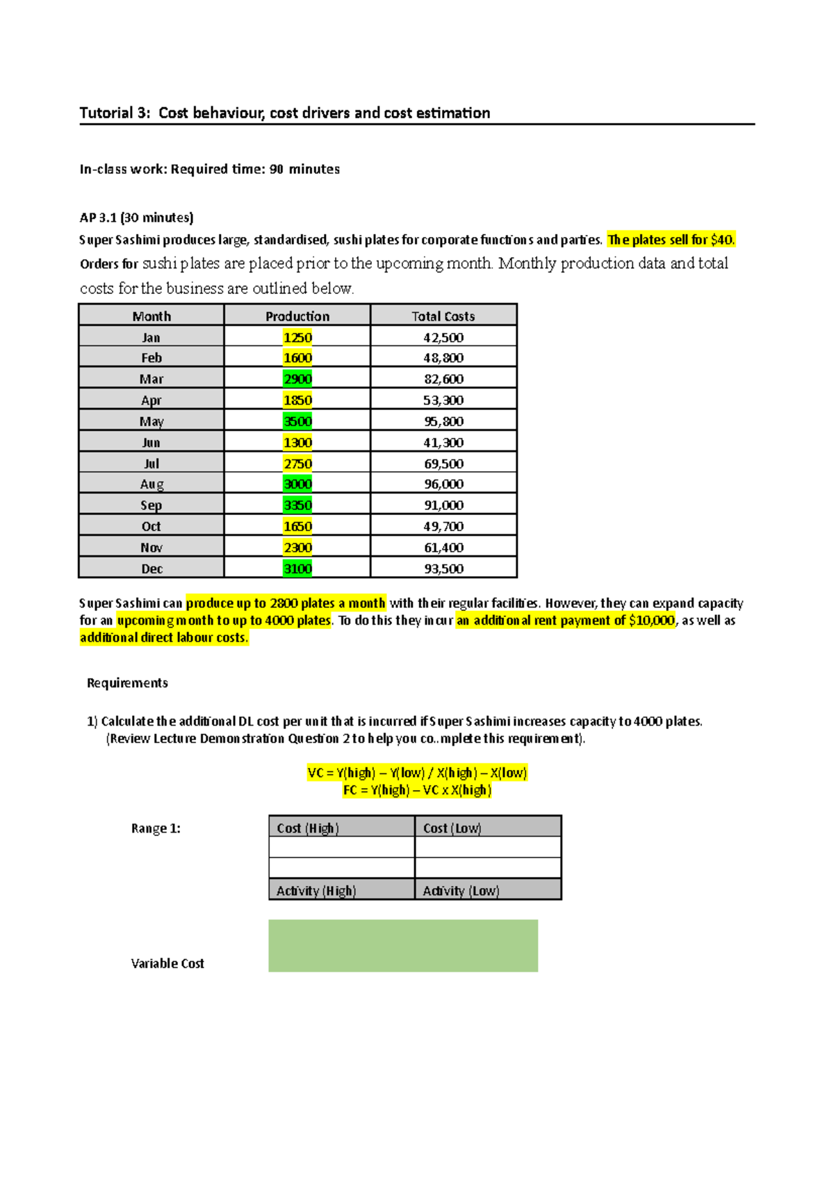 CMS Tutorial 3 In-class - Tutorial 3: Cost behaviour, cost drivers and ...