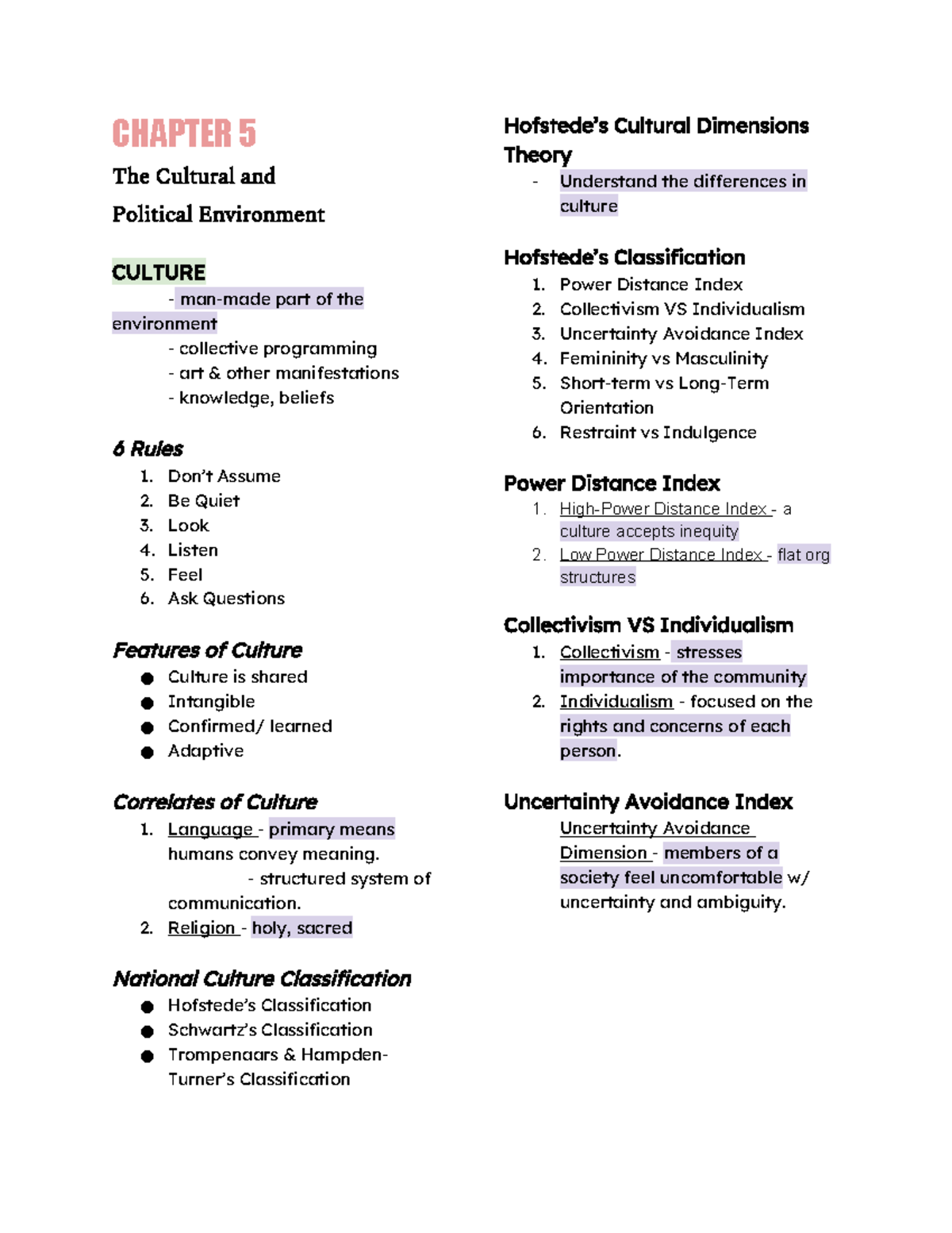 CH-5-IBT - Review - CHAPTER 5 The Cultural and Political Environment CULTURE - man-made part of ...