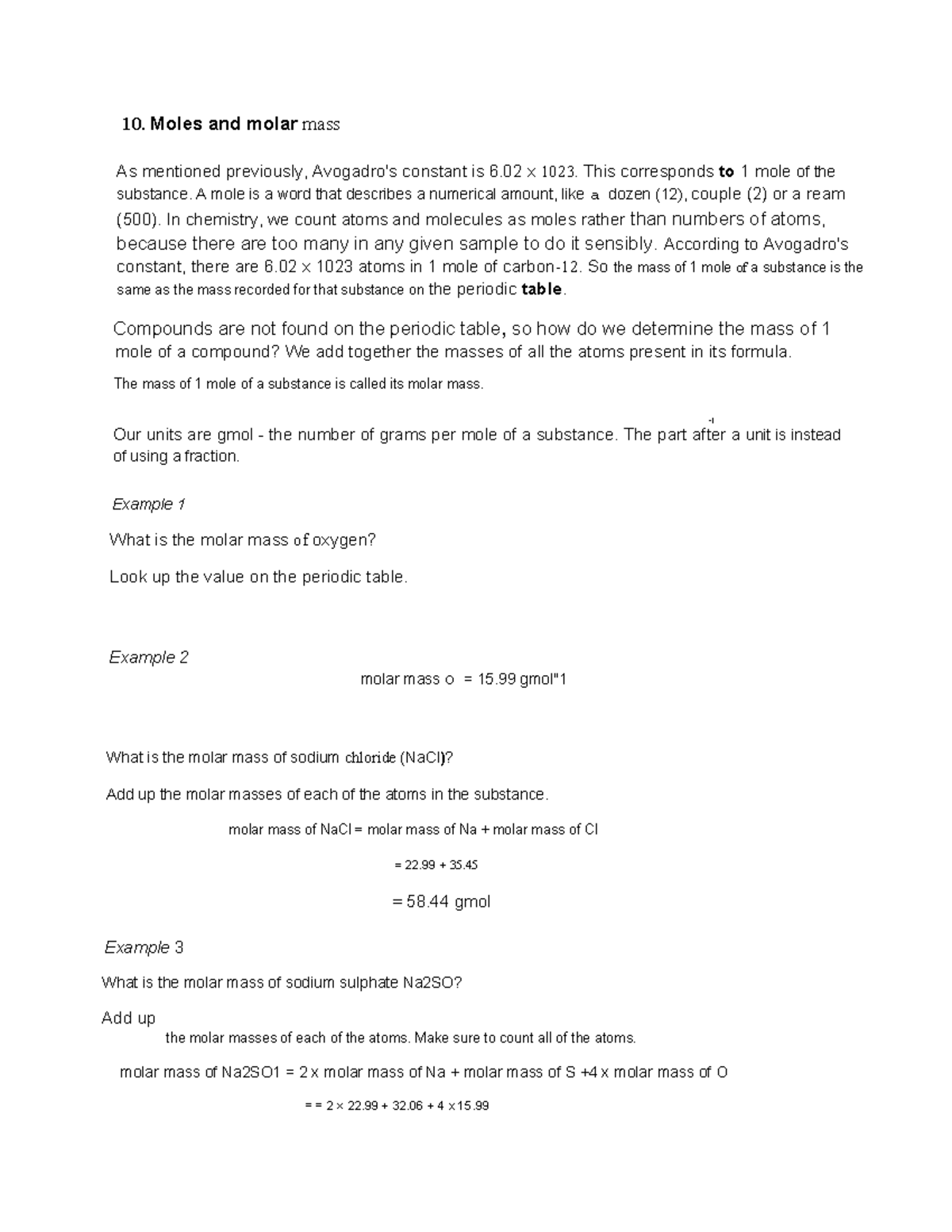 Worksheet 10-12 Molar mass - 10. Moles and molar mass ####### As ...