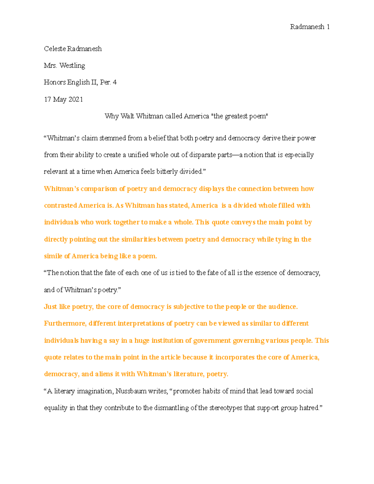 Greatest poem assignment - Radmanesh 1 Celeste Radmanesh Mrs. Westling ...