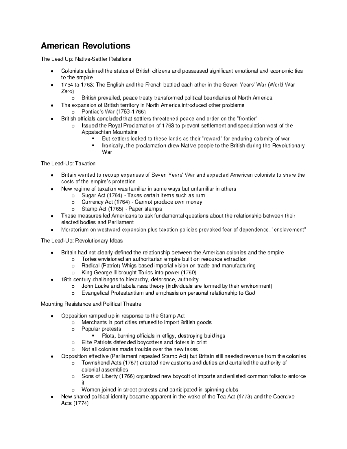 History 20 Notes - Revolution - American Revolutions The Lead Up ...