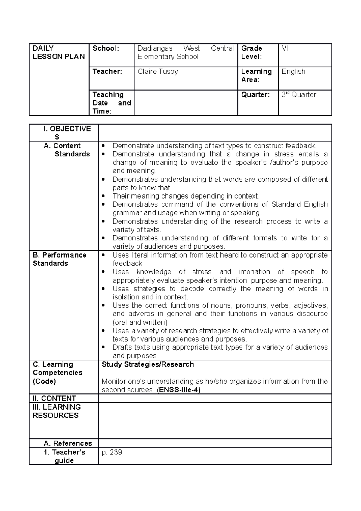 WEEK 5 Daily Lesson PLAN - DAILY LESSON PLAN School: Dadiangas West ...