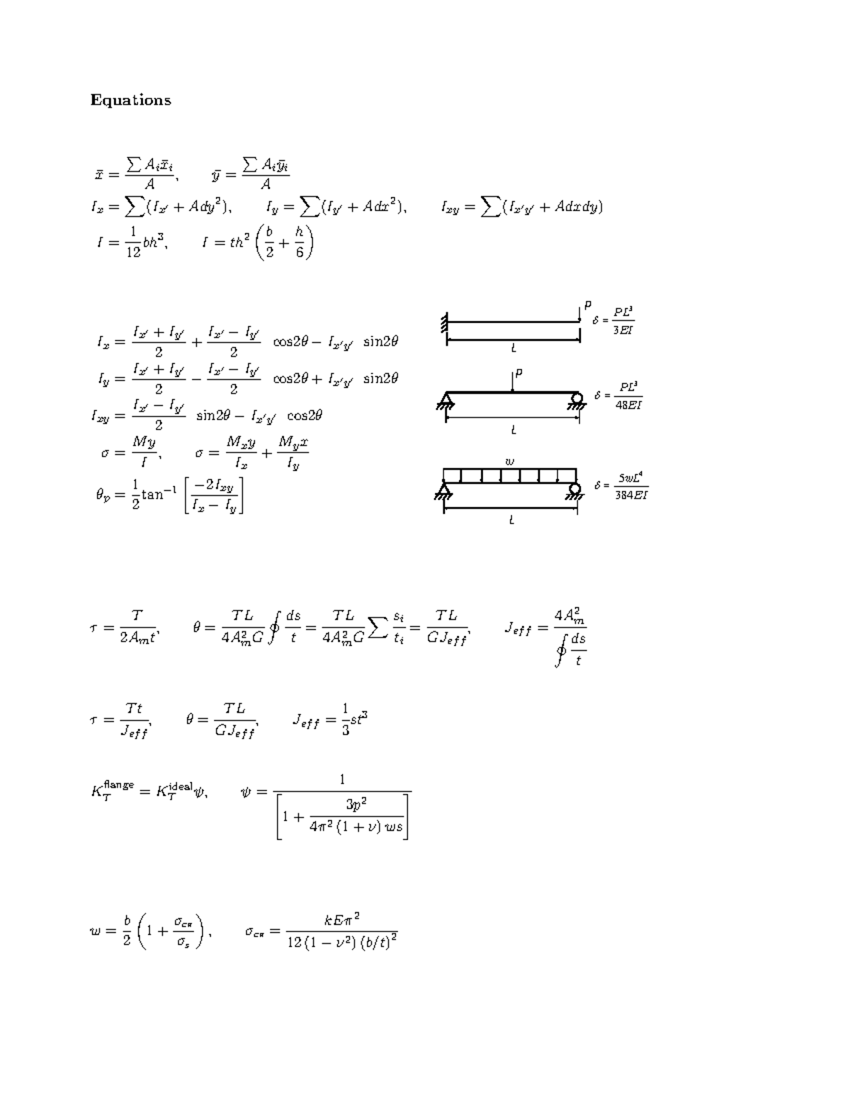 Equation Sheet Test2 - Equations ̄x= ∑ Aix ̄i A , y ̄= ∑ Aiy ̄i A Ix= ∑ ...