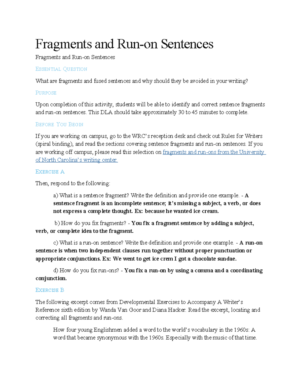 DLA G.18- Fragments and Run-On Sentences - Fragments and Run-on ...
