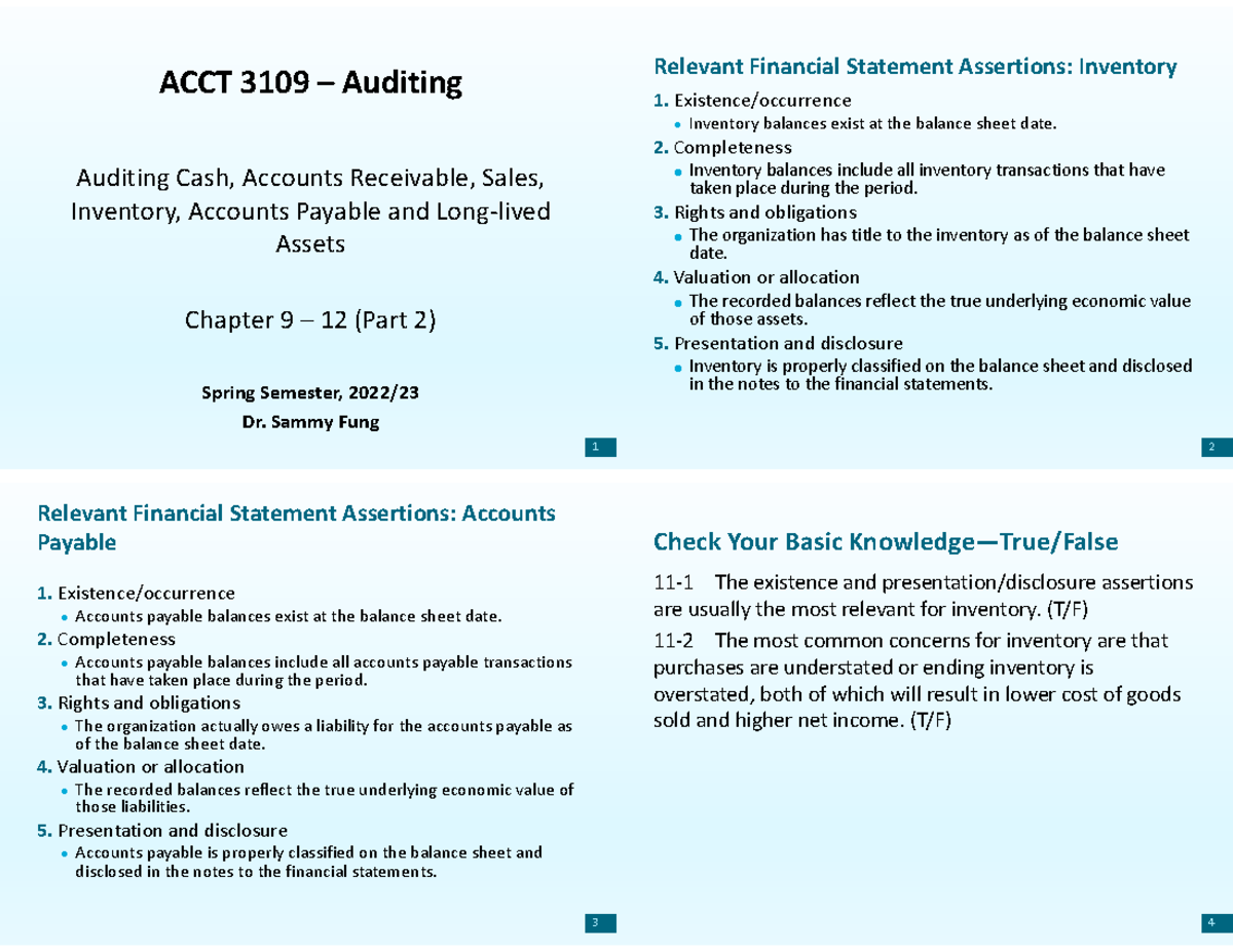 Ch9 12 23 24 (Part 2) - N/A - 1 ACCT 3109 – Auditing Auditing Cash ...