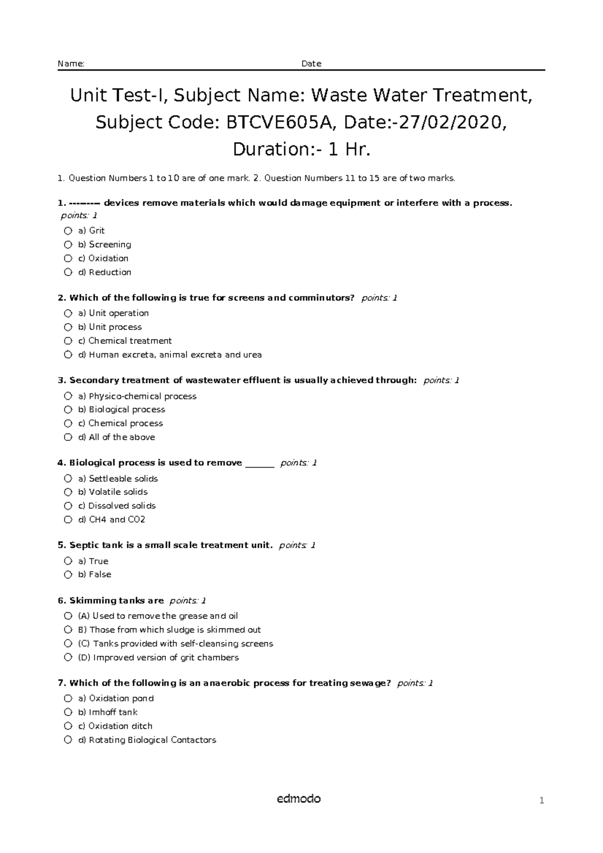 Unit Test-I, Waste Water Treatment - Name: Date Unit Test-I, Subject ...