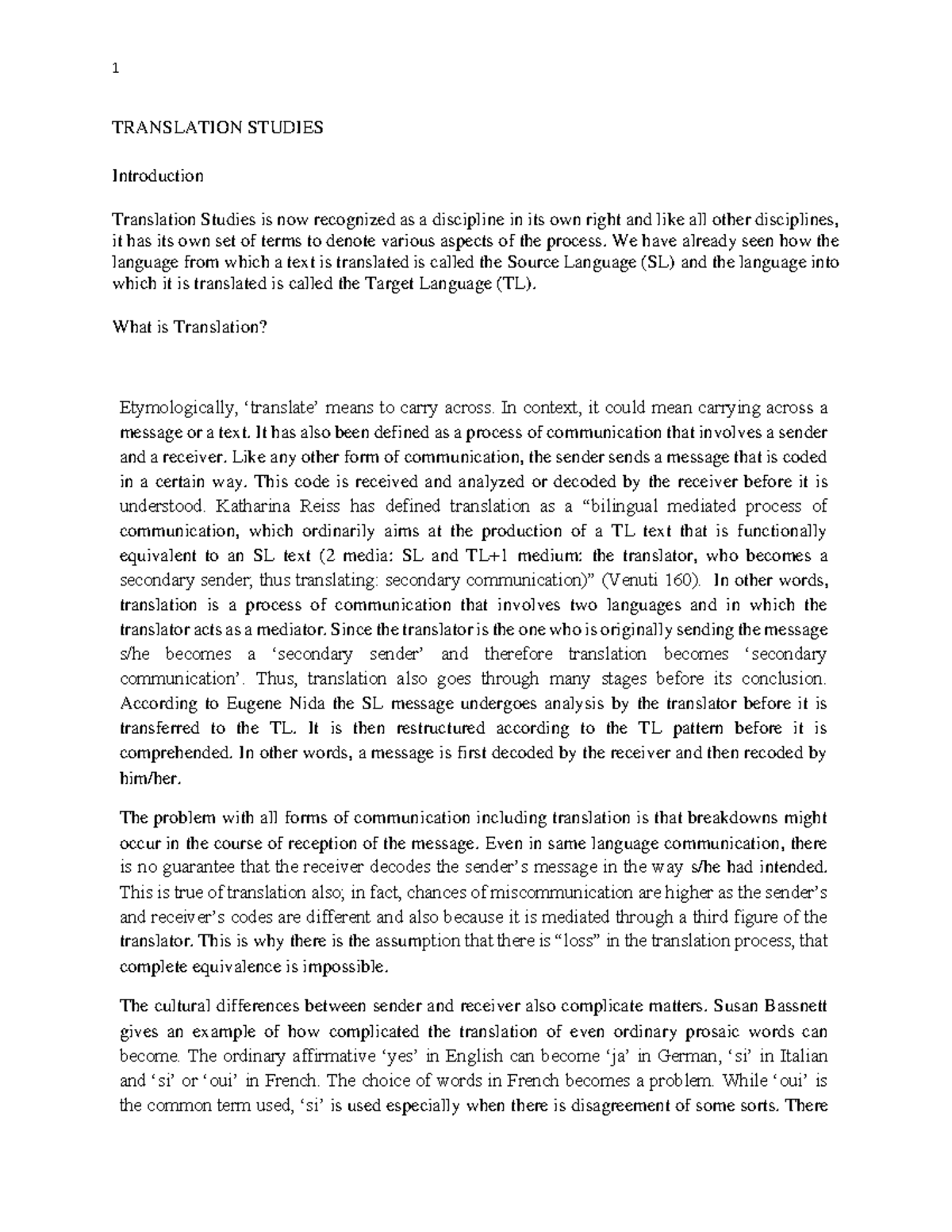 Translation studies notes - TRANSLATION STUDIES Introduction ...