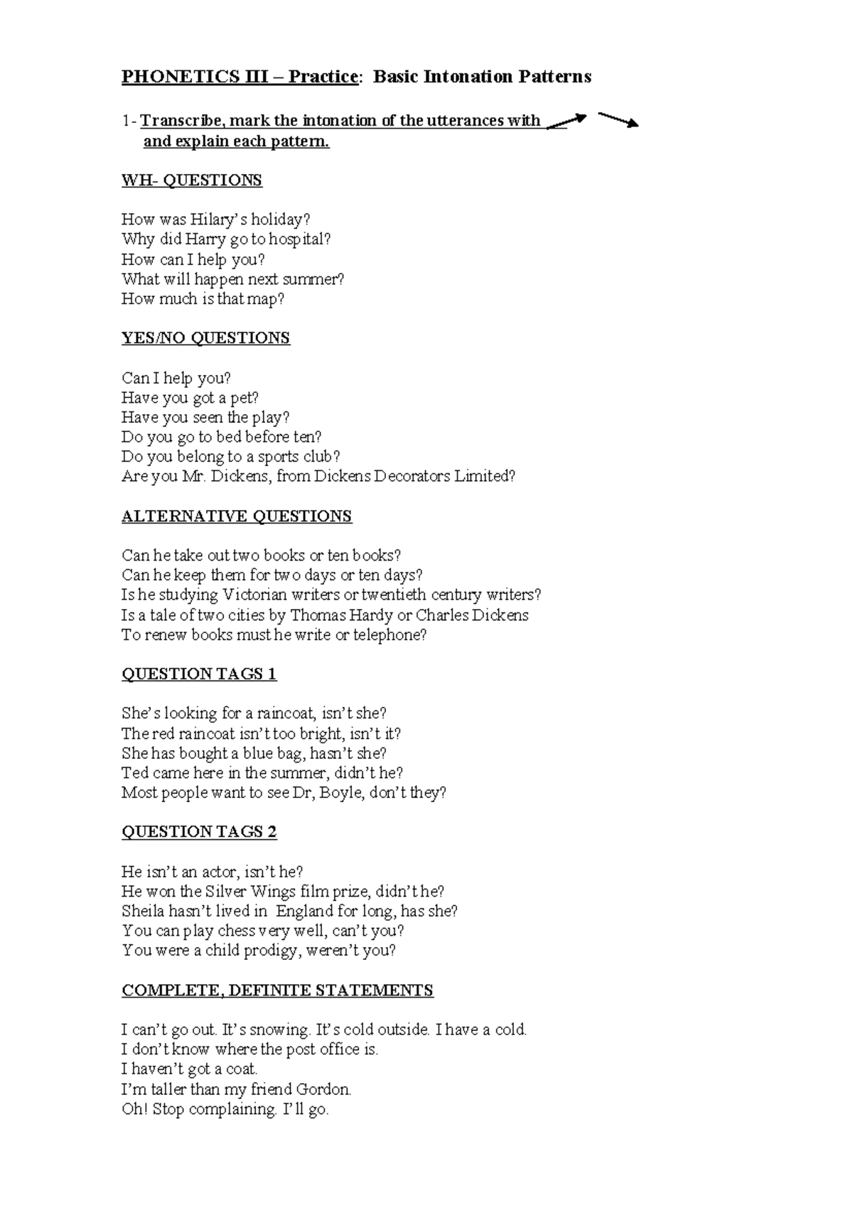 Phonetics III-practice basic intonation patterns - PHONETICS III ...
