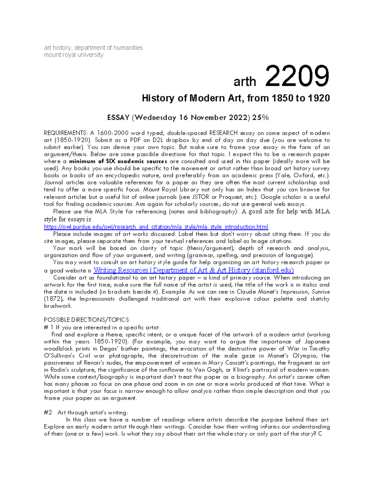 ARTH 2209 essay Fall 2022 - art history, department of humanities mount ...