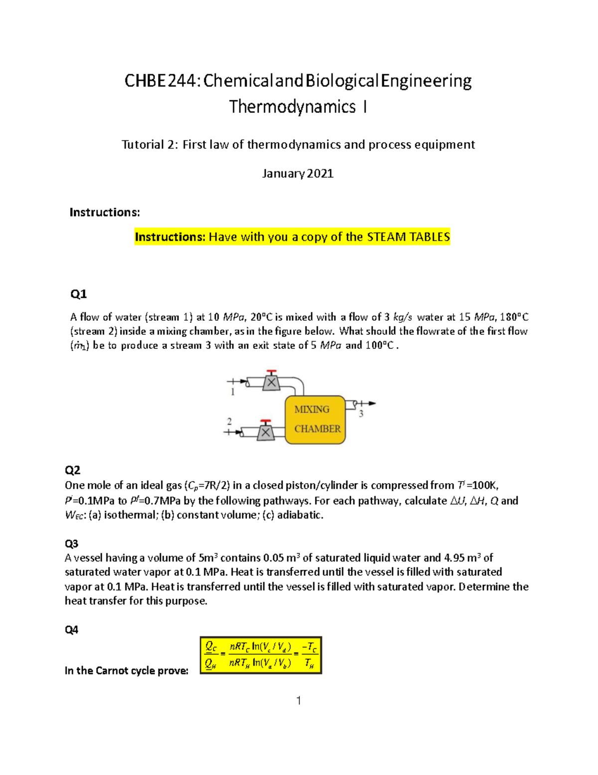 CHBE 244 - T2 (First Law) - 1 CHBE 244: Chemical and Biological Engineering Thermodynamics I ...