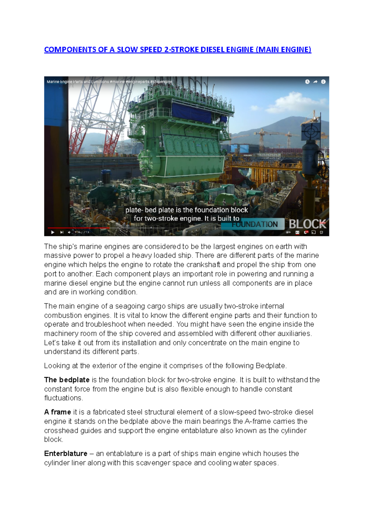 Fundamental Parts IN Construction OF Engines - COMPONENTS OF A SLOW ...