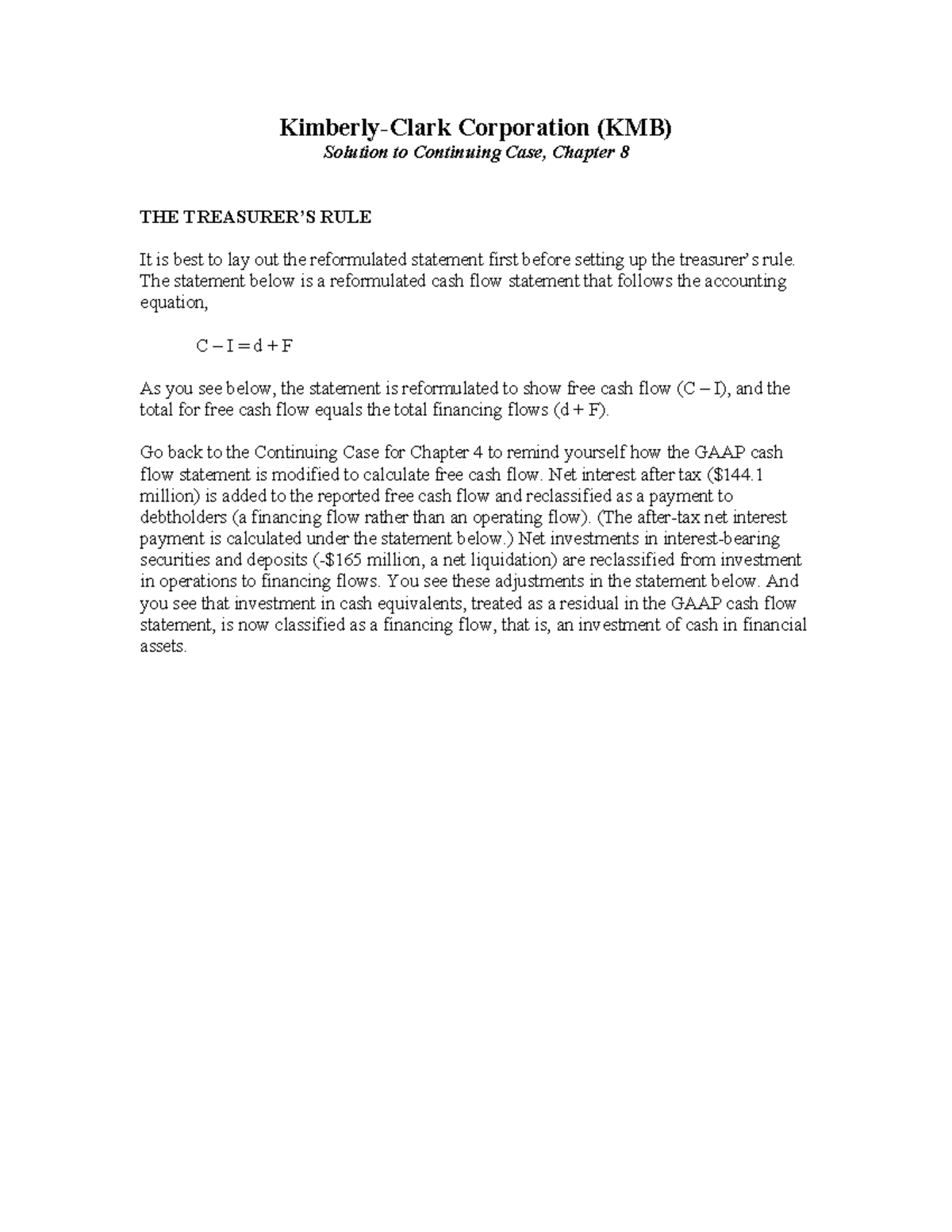 KMBSolution 8 - book answer - Kimberly-Clark Corporation (KMB) Solution to Continuing Case ...