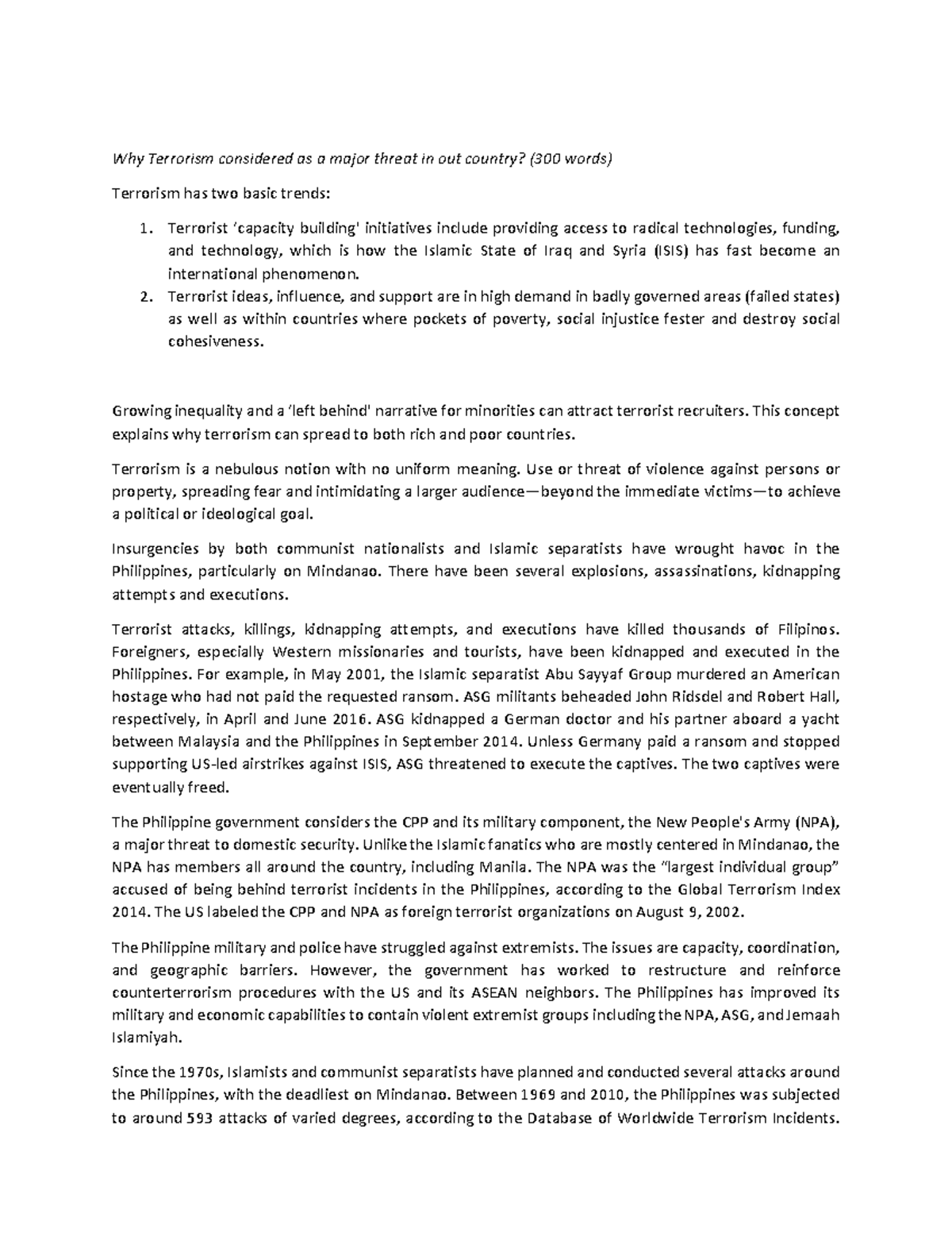 Why Terrorism considered as a major threat in out country - Terrorist ...