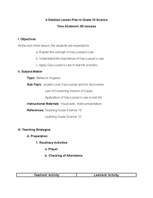 Grade 10 Science Lesson Plan - Gases - A Detailed Lesson Plan in Grade ...