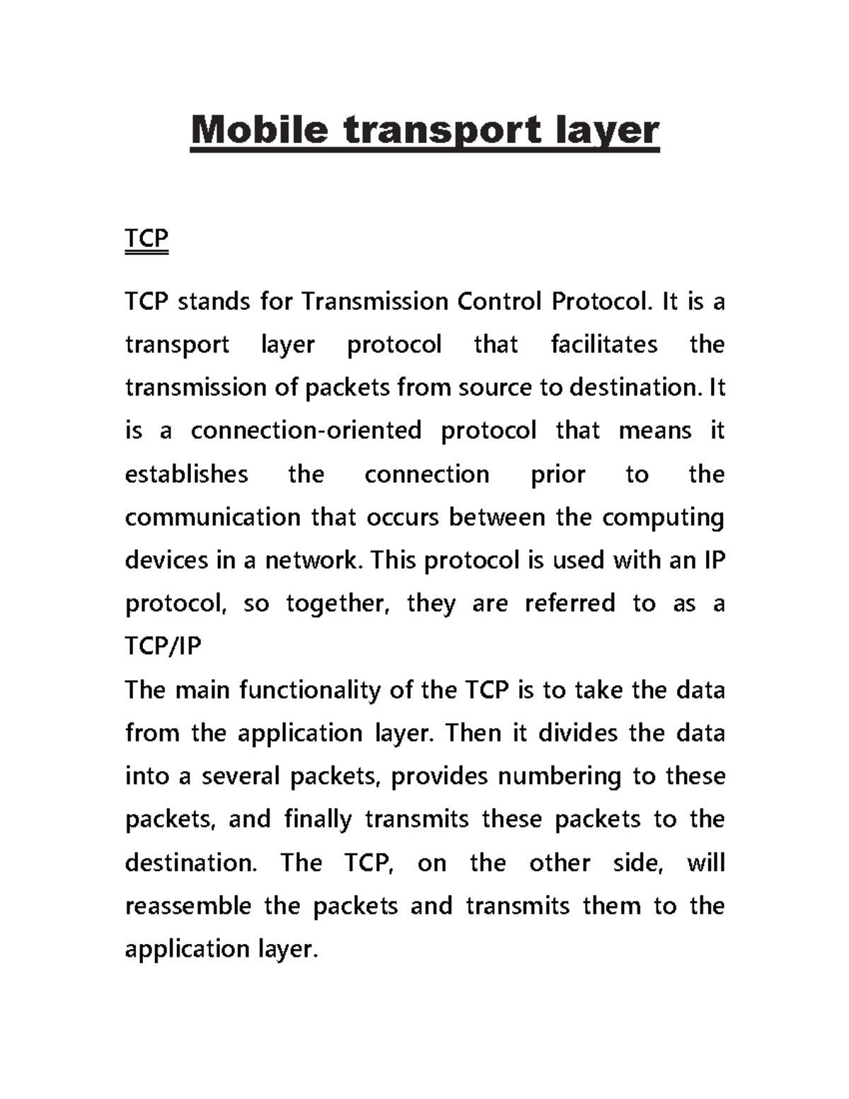 Mobile Transport Layer And Support For Mobility Mobile Transport Layer Tcp Tcp Stands For