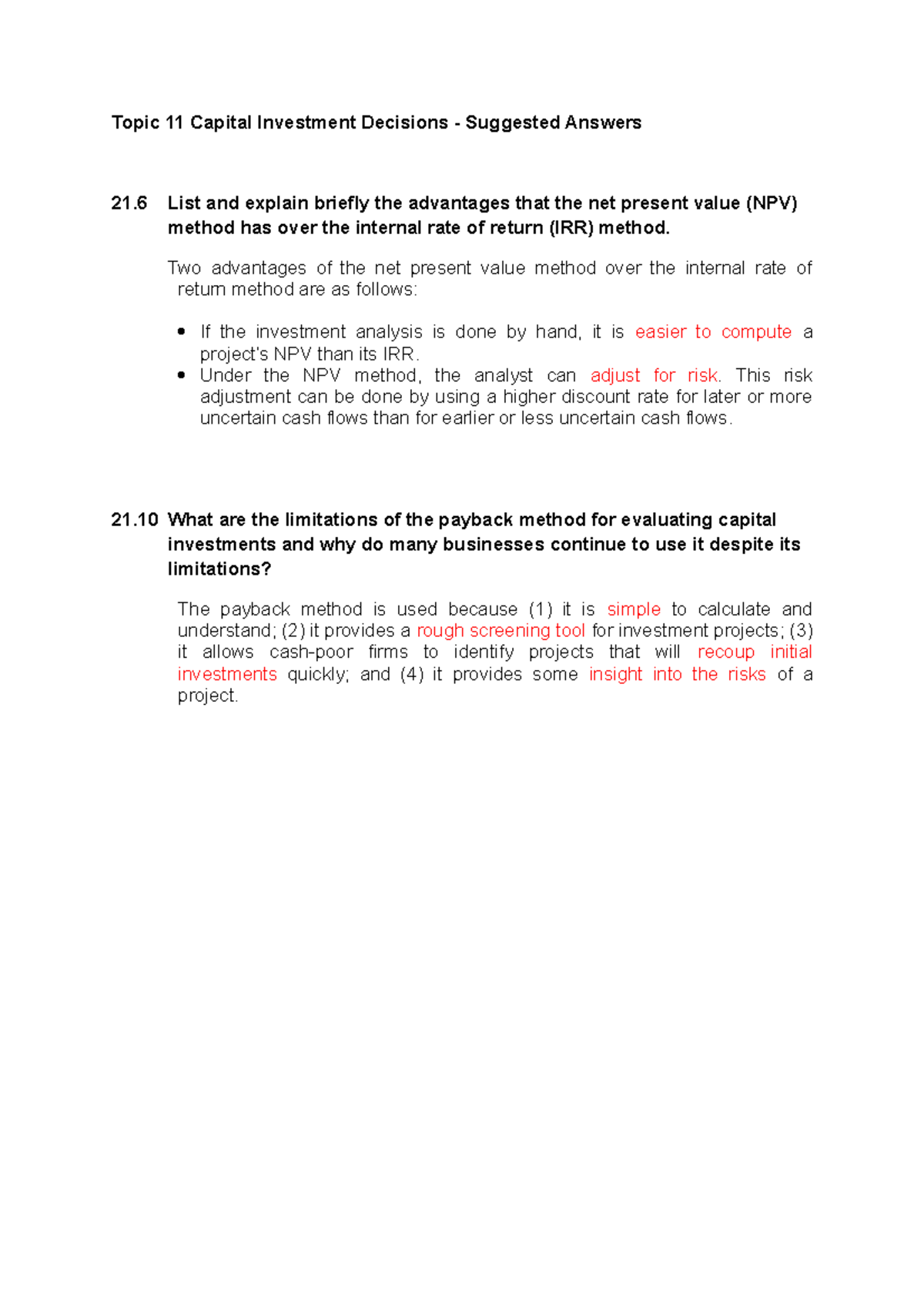 Topic 11 Capital Investment Decisions Workshop Solutions exc IRR ...
