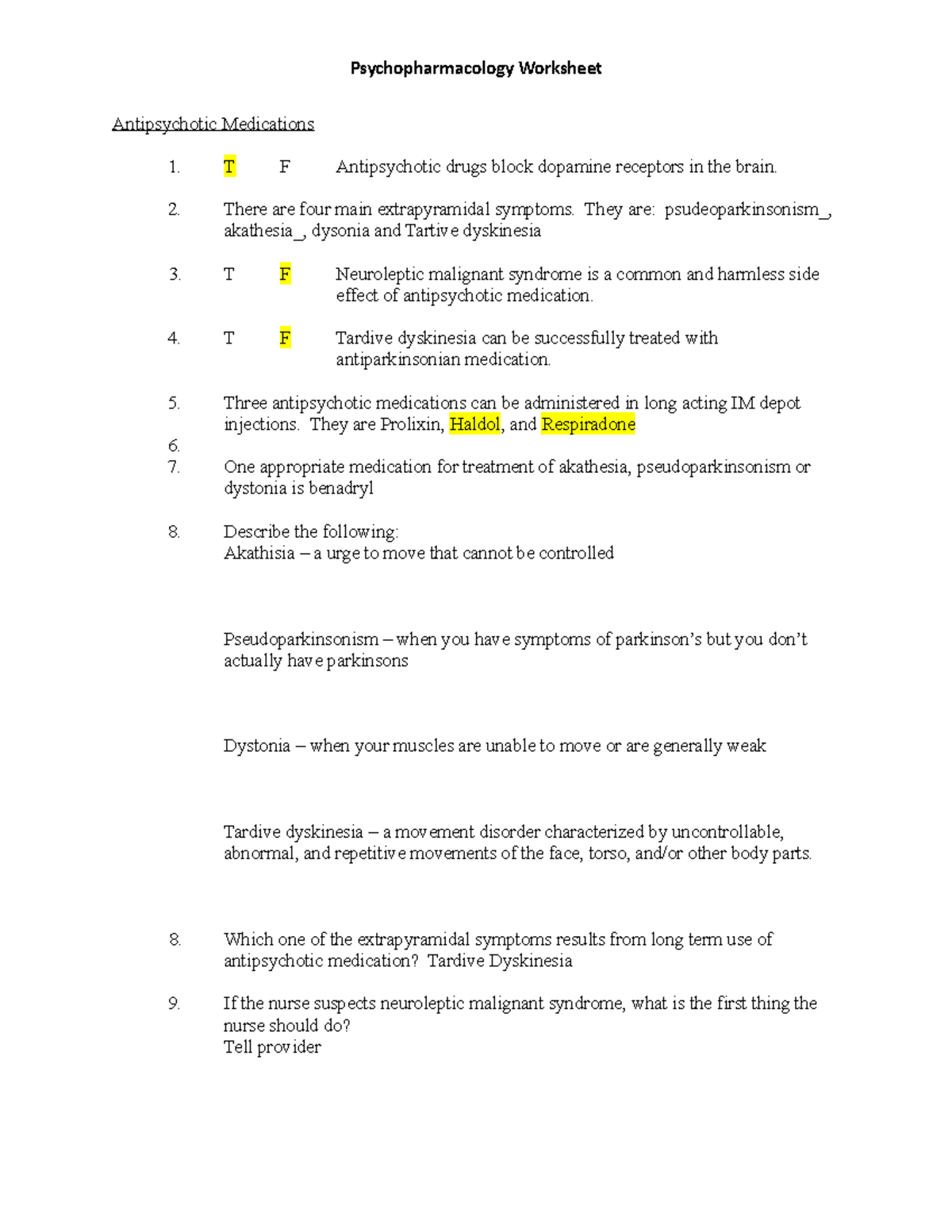 Pharm WS - Psychopharmacology Worksheet Antipsychotic Medications T F ...