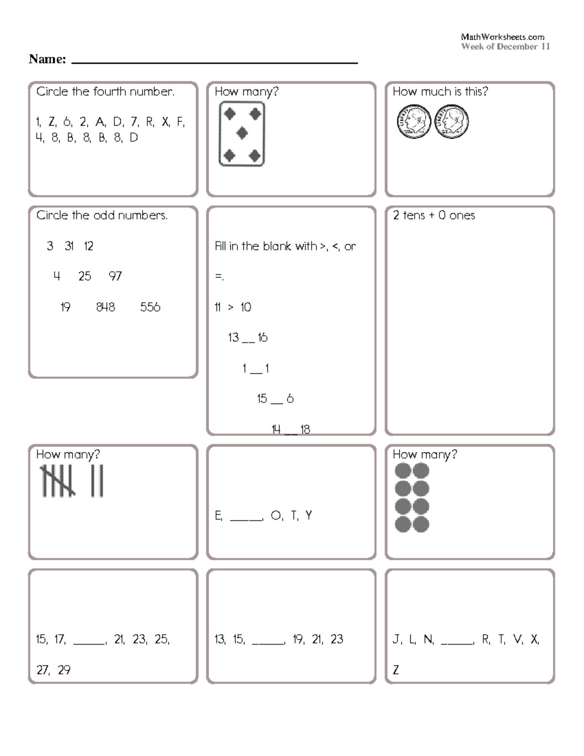 Math Worksheets Grade 1 12 11 - Name: &LUFOH WKH IRXUWK QXPEHU - Studocu