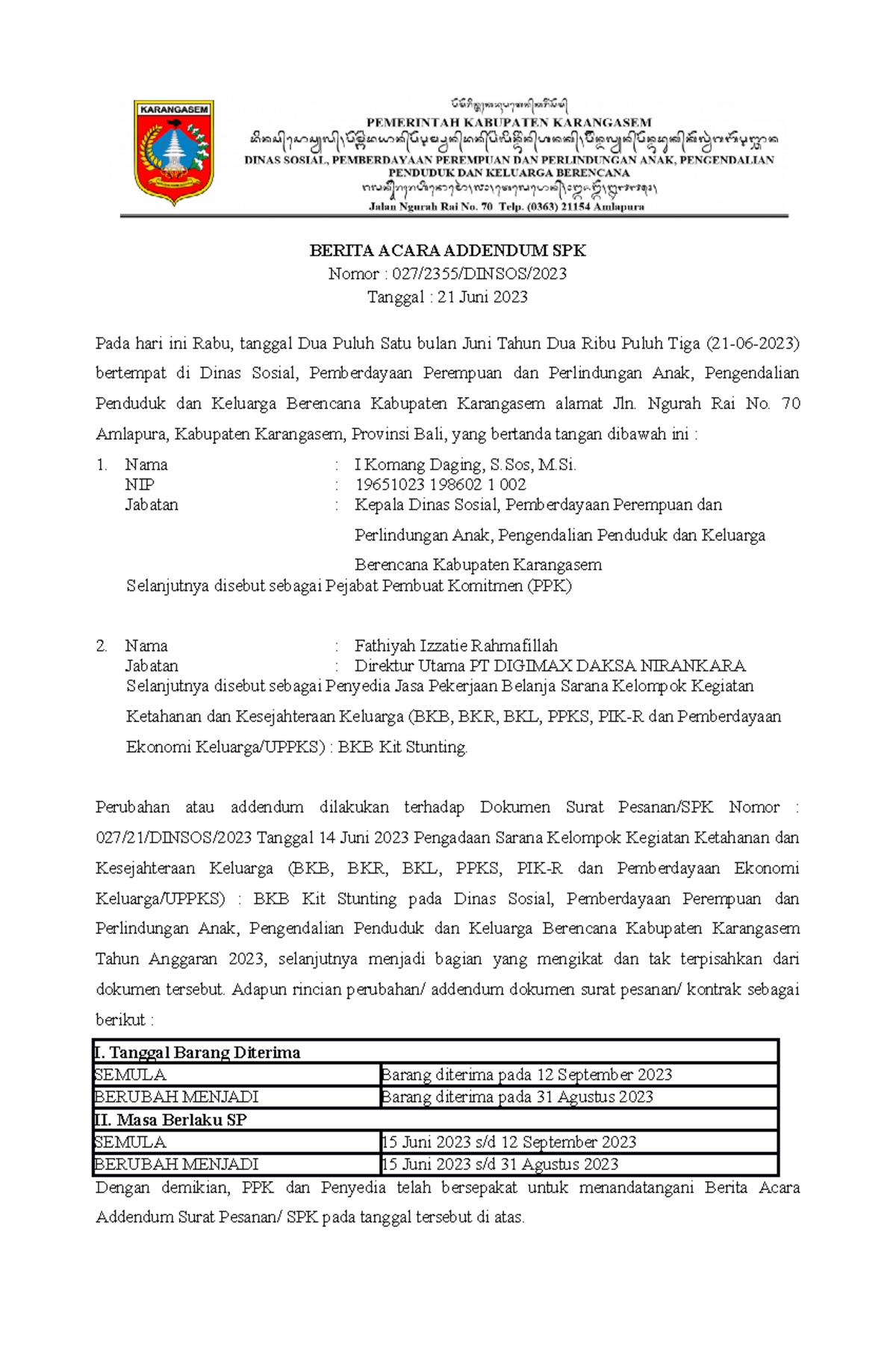 Berita Acara Addendum - hukum - BERITA ACARA ADDENDUM SPK Nomor : 027 ...