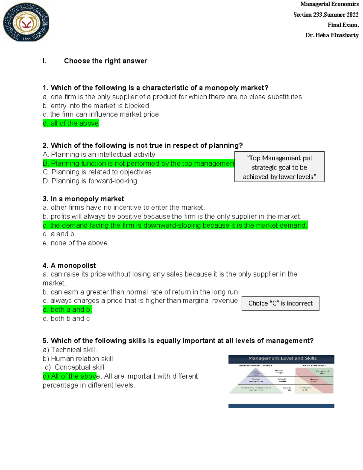 Final Exam for Managerial Economics - Section 233,Summer 2022 Final ...