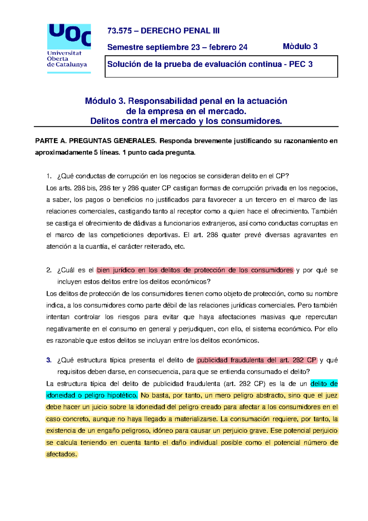 solpec 3 derecho penal economico 2023/2024 - 73 – DERECHO PENAL III Semestre septiembre 23 ...