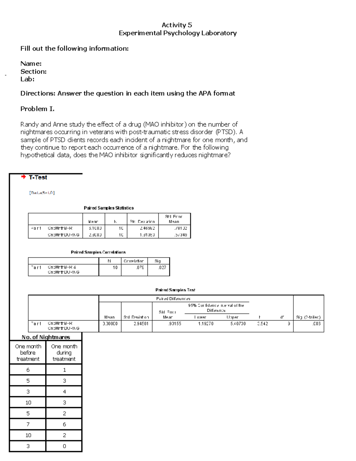 Experimental Psychology - Interpretation 1 - Activity 5 Experimental ...