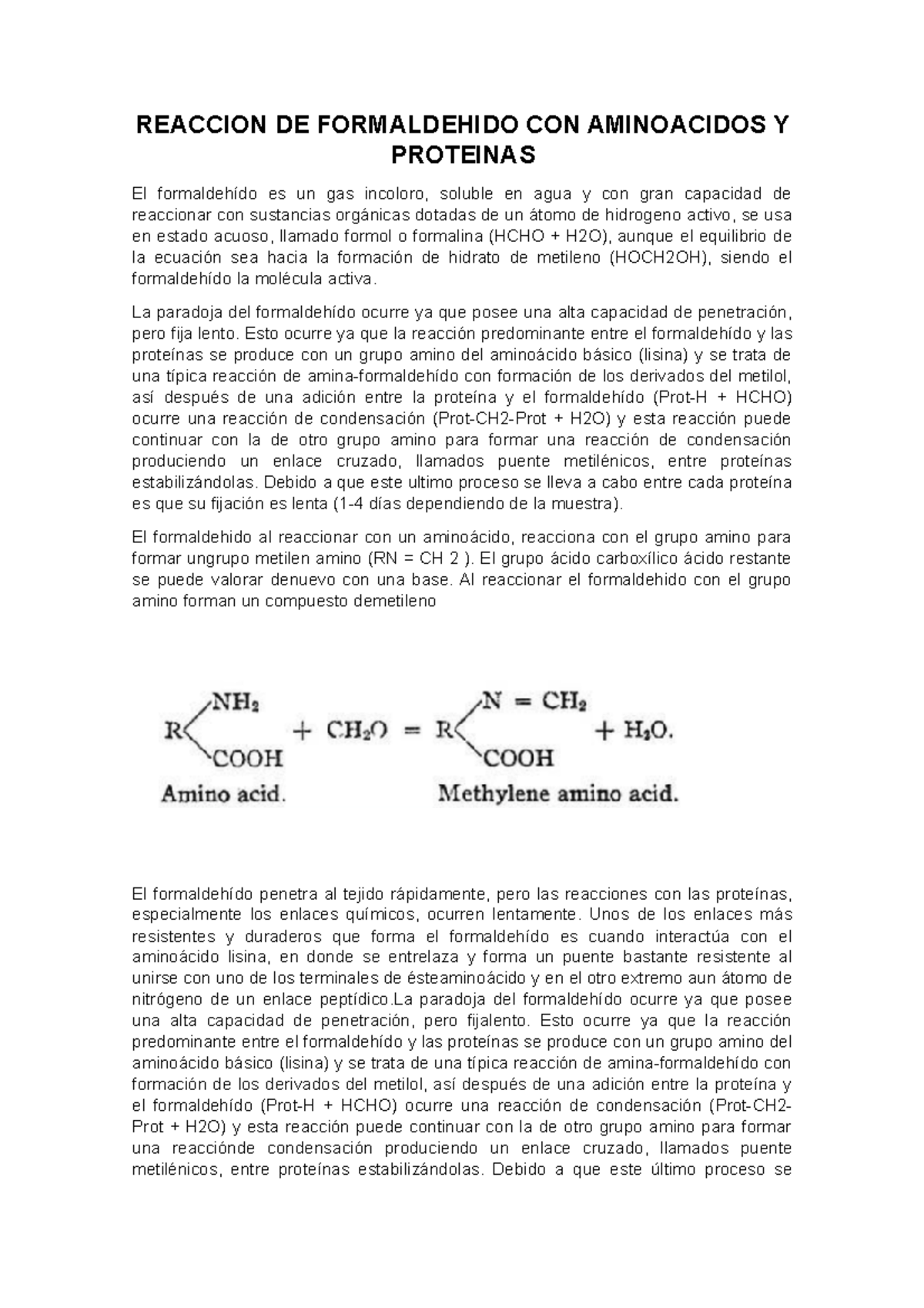Reaccion DE Formaldehido CON Aminoacidos Y Proteinas - REACCION DE ...