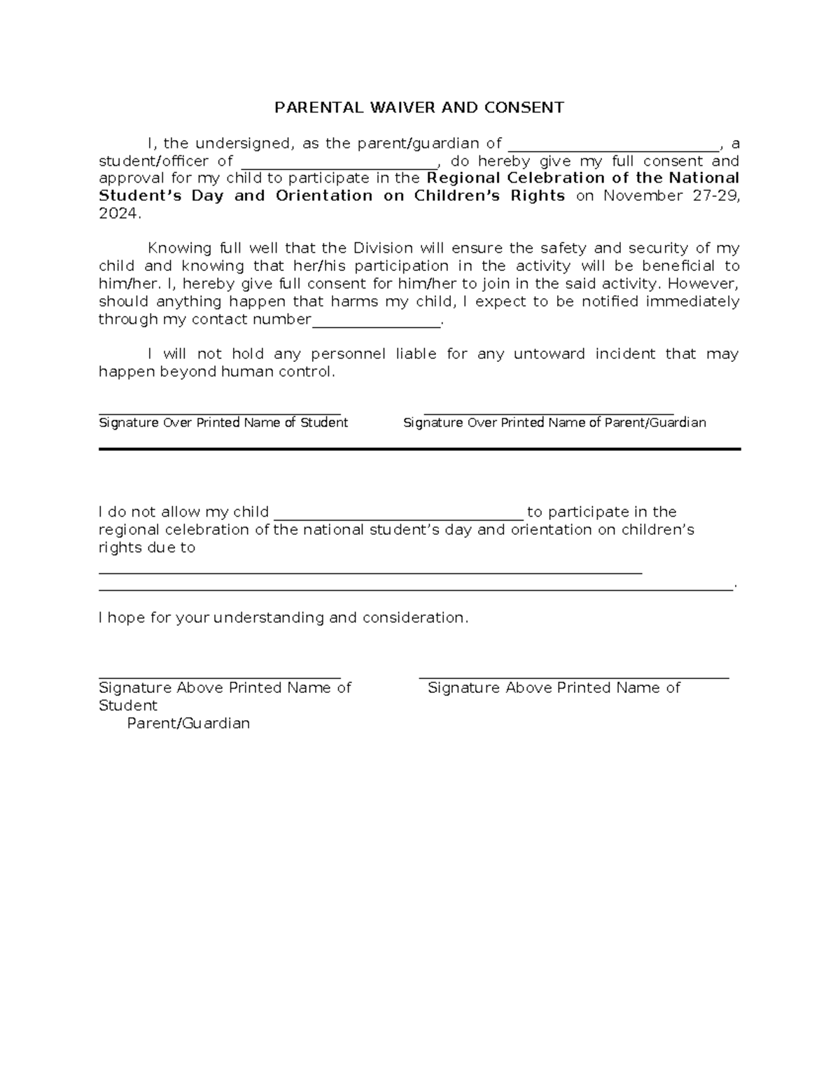 Parent-Consent - Parental Consent - PARENTAL WAIVER AND CONSENT I, the ...