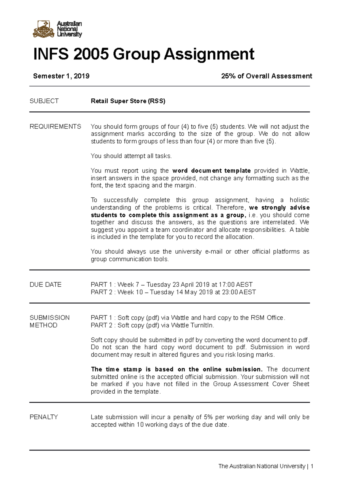 Group Assigment S12019 INFS2005 Template - INFS 2005 Group Assignment Semester 1, 2019 25% of ...